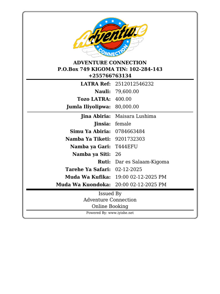 Adventure Connection Bus Ticket Details | PDF