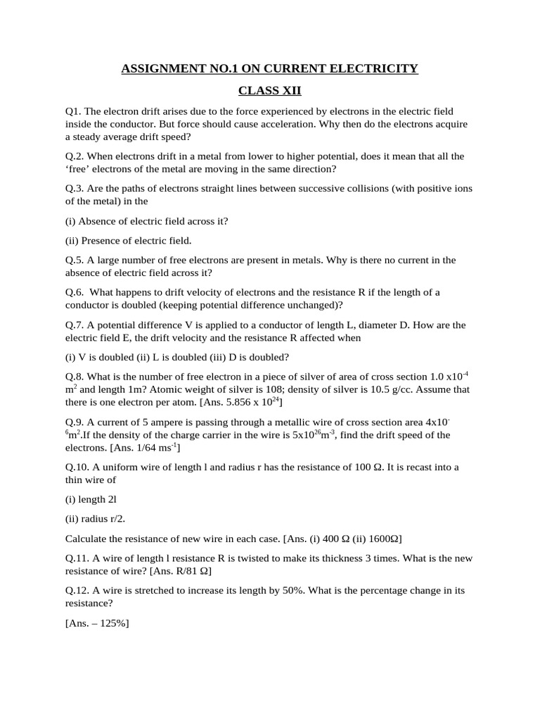 Assignment No.1 on Current Electricity by Sadhna Gupta | PDF | Electric ...