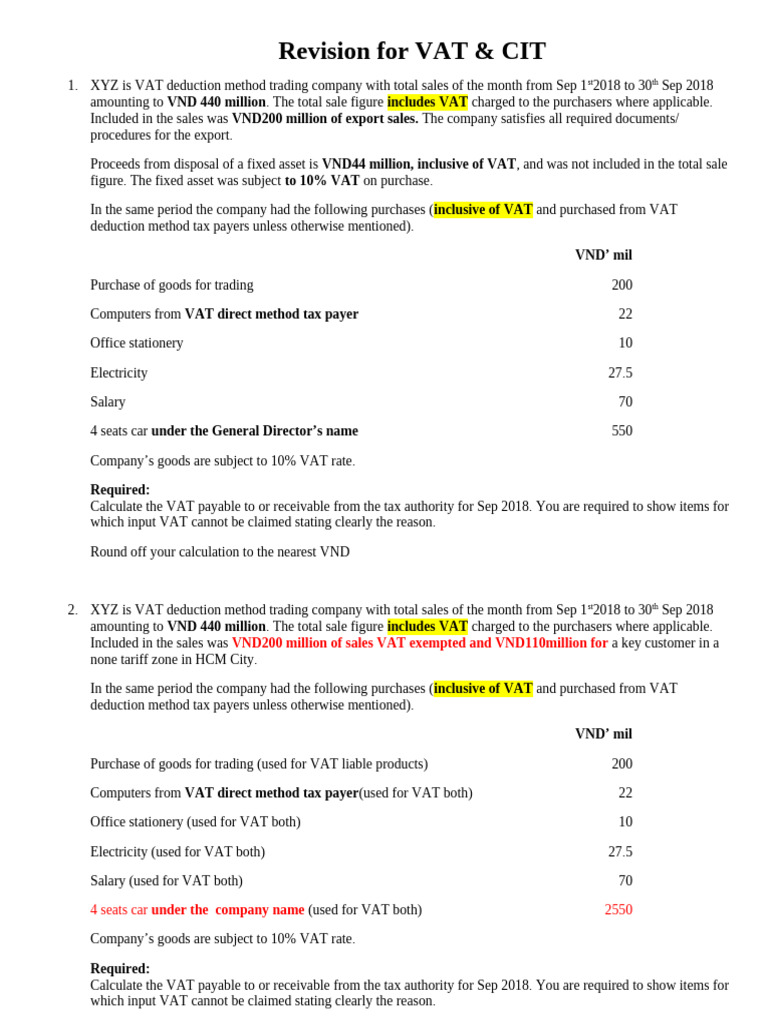 VAT & CIT Calculation for XYZ Company | PDF | Value Added Tax | Expense