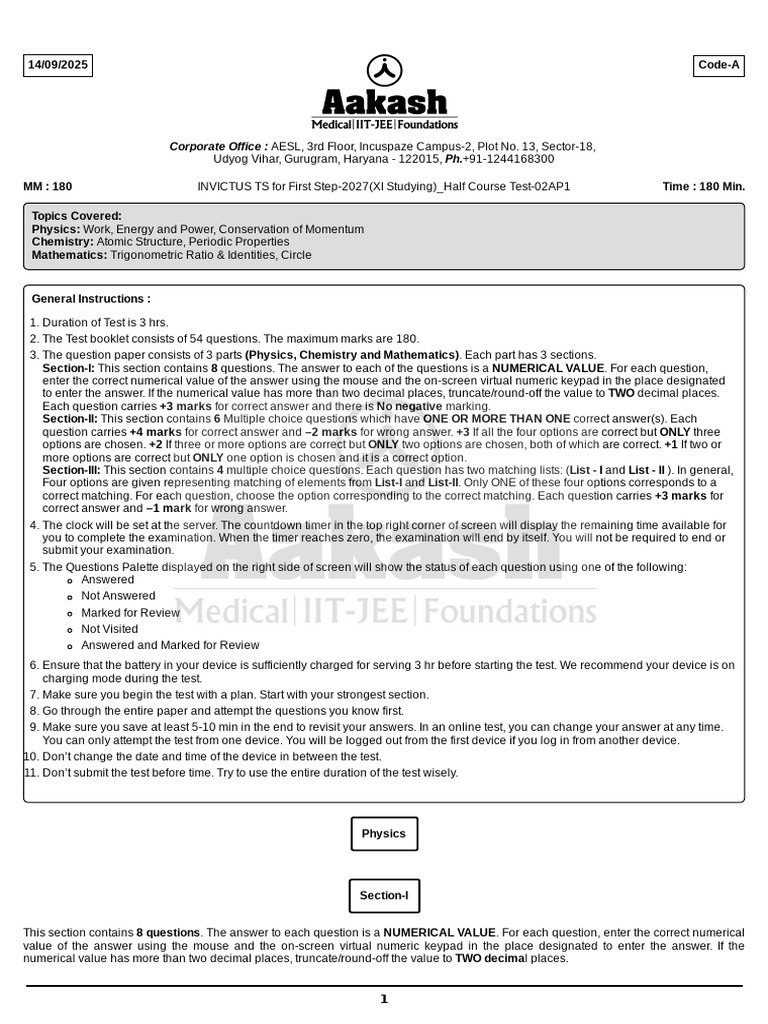 Aits-jee(Adv) Class-xi Half Test-2 Paper-1 (14!09!2025) | PDF | Force ...
