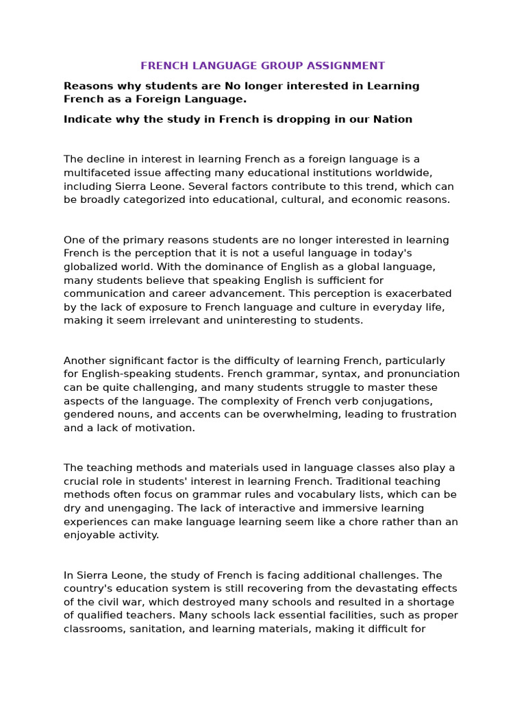 FRENCH LANGUAGE GROUP ASSIGNMENT | PDF | Teachers | Language Education