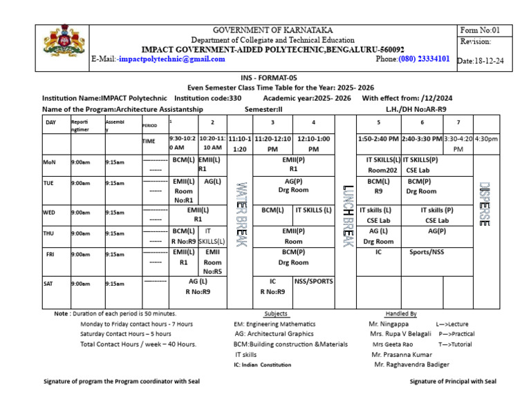 AR 1 SEM Time Table | PDF