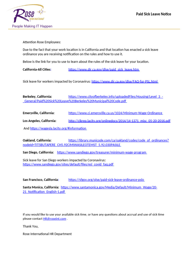 California Sick Leave Ordinance v16 | PDF