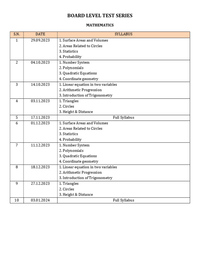 Board Level Math Test Series Schedule | PDF