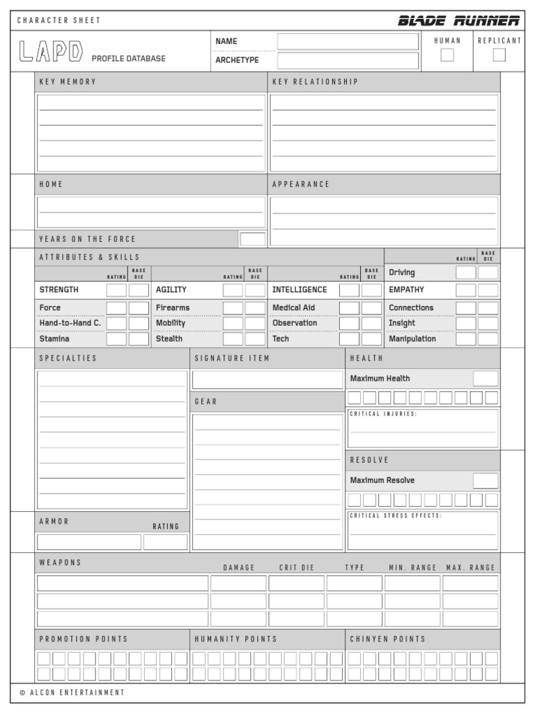 Blade Runner Character Sheet Form Fillablesss | PDF