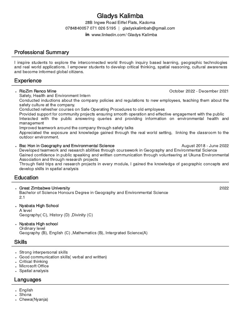 CV Gladys Kalimba .Geography T_C | PDF | Geography | Learning