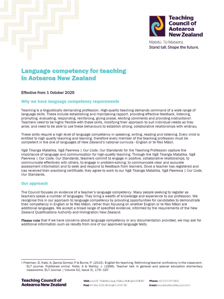 Language Competency for Teaching in NZ | PDF | Teachers | Qualifications
