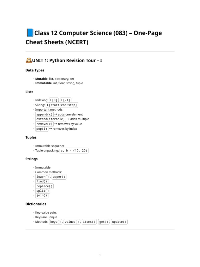Class 12 Computer Science Cheat Sheet | PDF | Computer Network ...