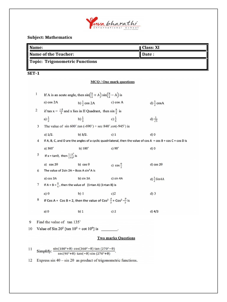 Trigonometric Functions Practice Problems | PDF