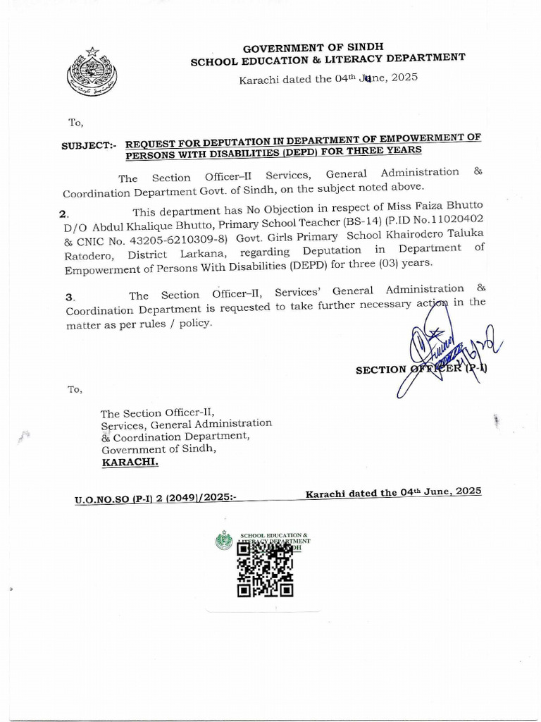 116823 Letter to Section Officer -II SGACD for Request for Deputation ...