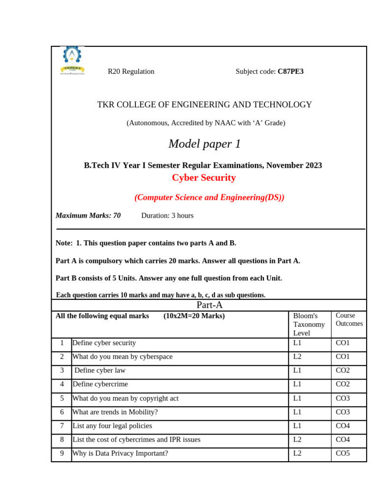 Cs Model Paper | PDF | Security | Computer Security