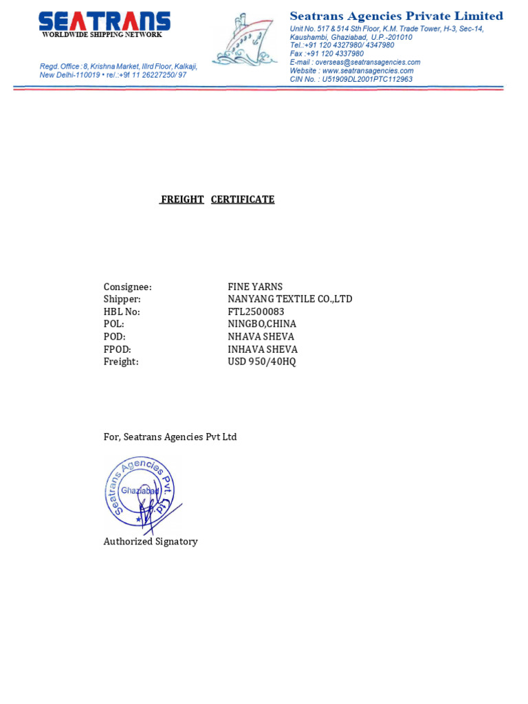 Worldwide Shipping Freight Certificate | PDF