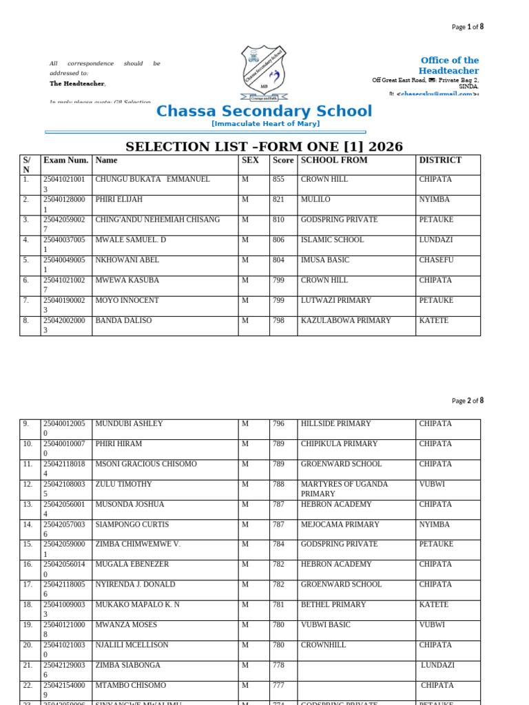2026 Form One Selection List - Chassa School | PDF