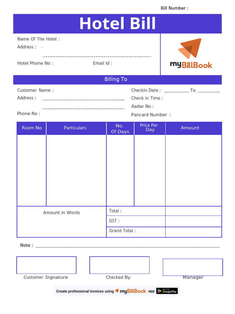 Hotel Billing Invoice Template | PDF