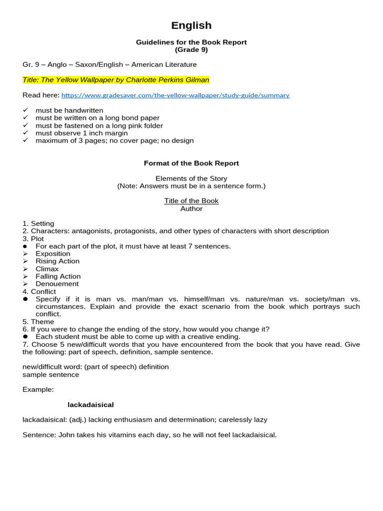 Guidelines for the Book Report Gr. 6 10 (FINAL) | PDF