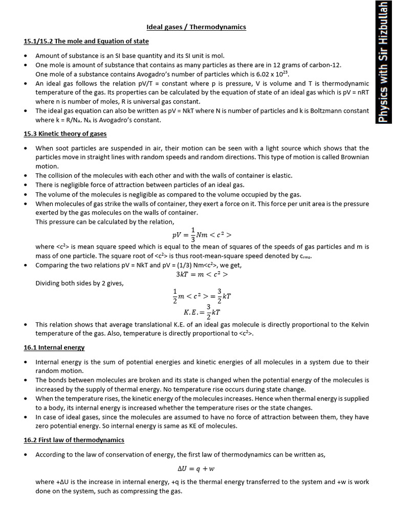 Notes Ideal Gases Thermodynamics | PDF | Gases | Mole (Unit)