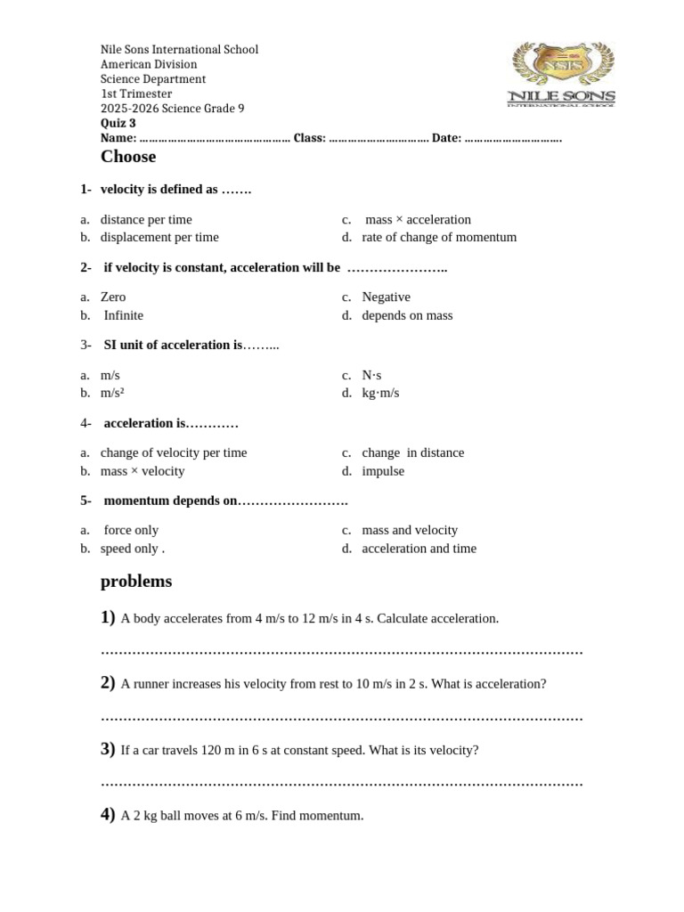 Velocity Acceleration Momentum Questions | PDF