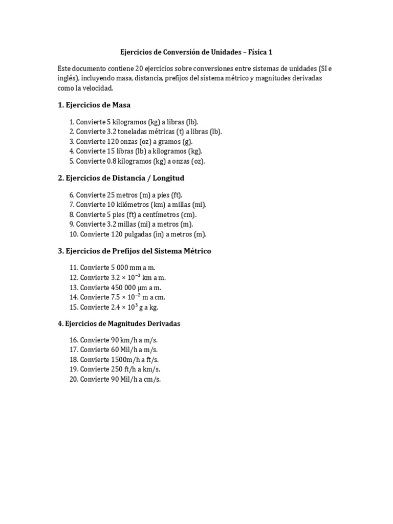 Ejercicios Conversion Unidades Fisica1 | PDF