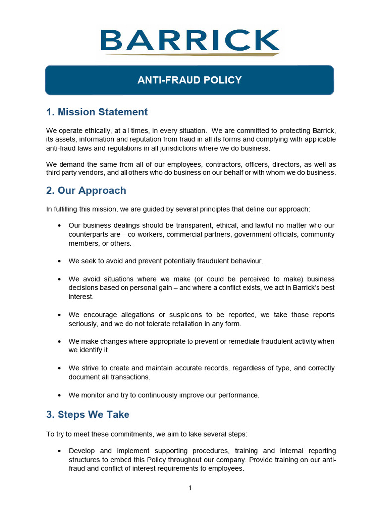 Barrick Anti-Fraud Policy Overview | PDF | Bribery | Corruption