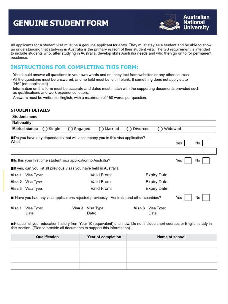 Genuine Student Visa Application Form | PDF | Travel Visa