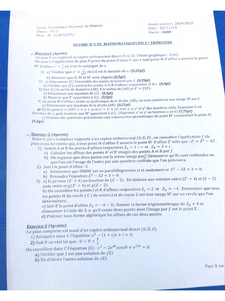 Devoirs de Mathématiques - Tle C (LSRZ) | PDF