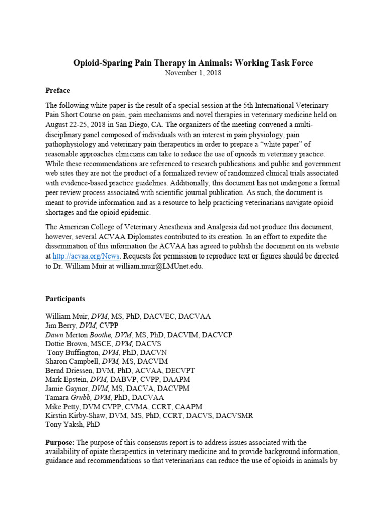 Opiod Sparing Pain Therapy in Animals Working Task Force Document | PDF ...