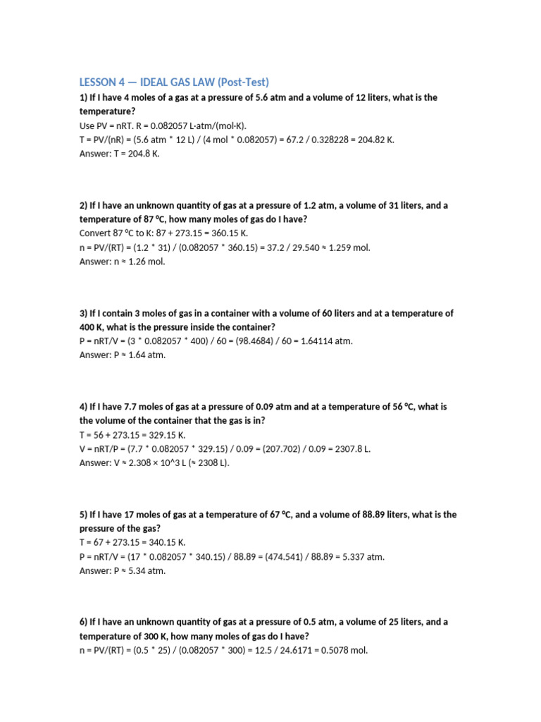 Ideal Gas Law Post-Test Solutions | PDF | Gases | Chemistry