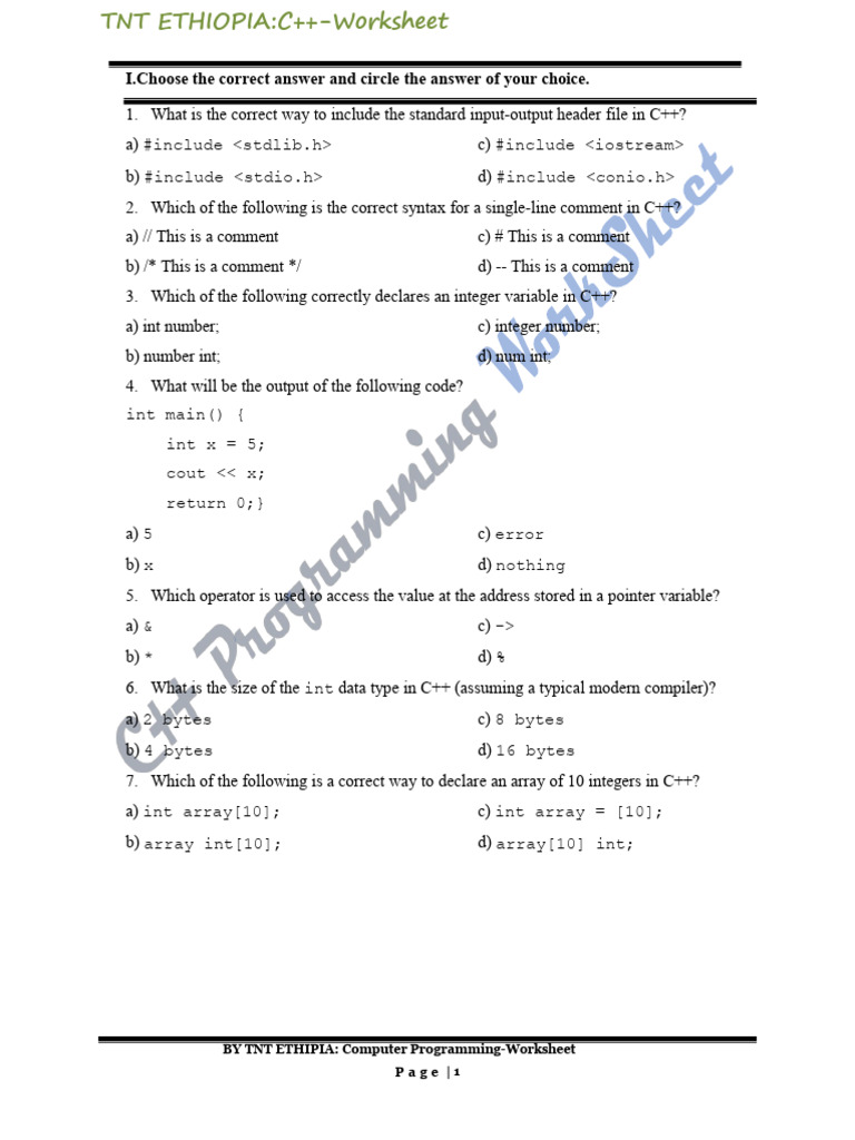C++ Programming Worksheet Quiz | PDF | Parameter (Computer Programming ...