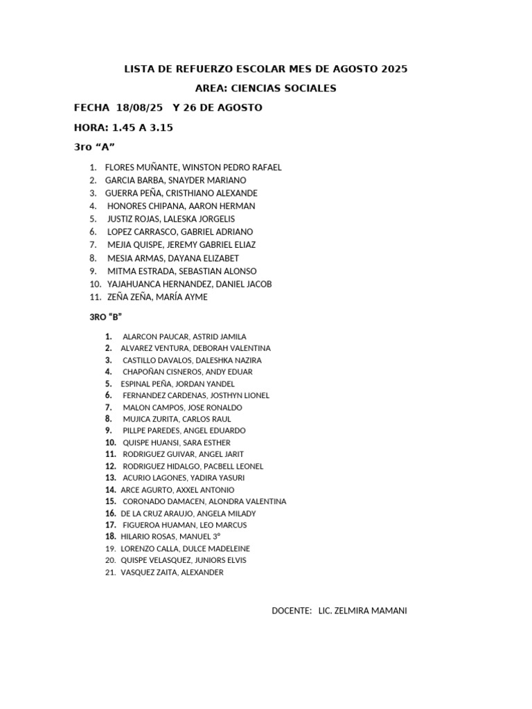 Lista de Refuerzo Escolar Mes de Agosto 2025 Ccss-1 | PDF
