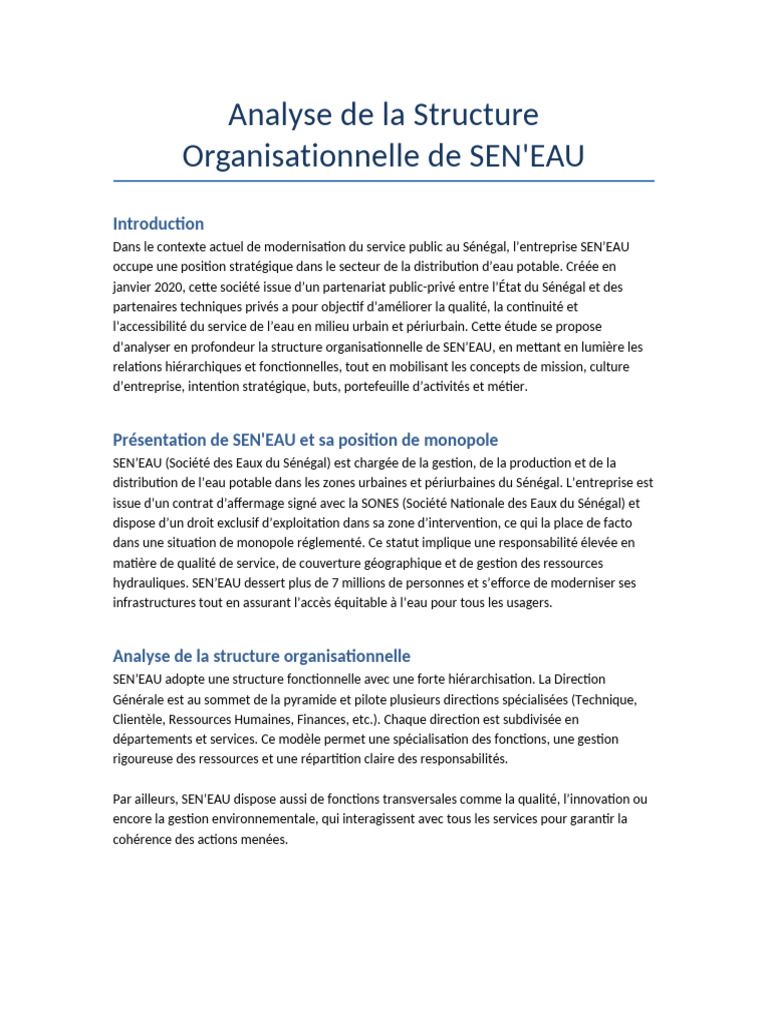 Structure Organisationnelle de SEN'EAU | PDF | Eau | Business