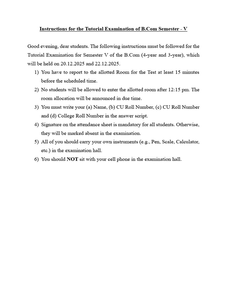 Instruction For Tutorial Exam of Semester V | PDF