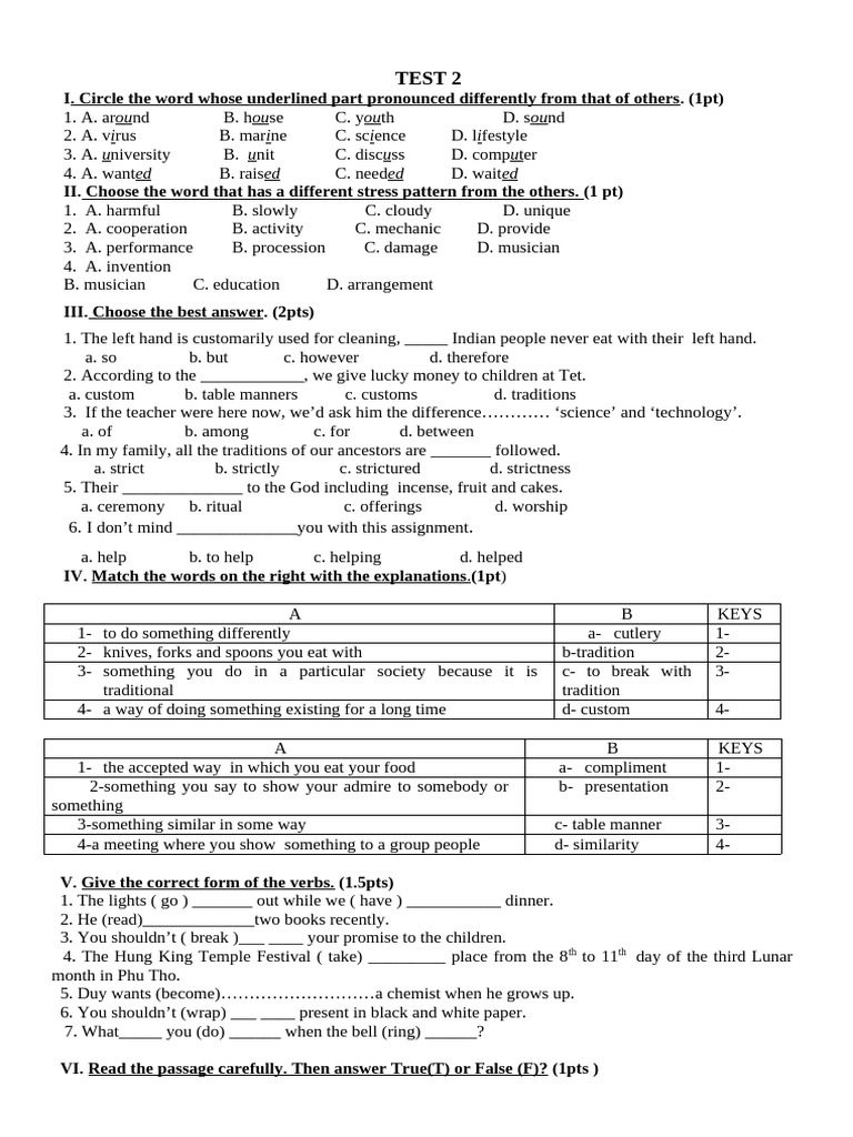 Pronunciation and Grammar Test | PDF