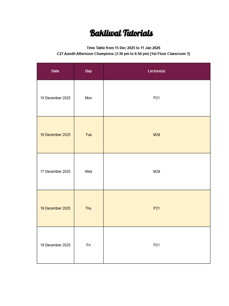C27 Aundh Afternoon Champions 3 30 PM To 6 50 PM 1st Floor Classroom | PDF