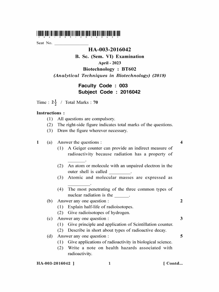 Bsc Sem-6 (2019) April-2023 Analytical Techniques in Biotechnology ...