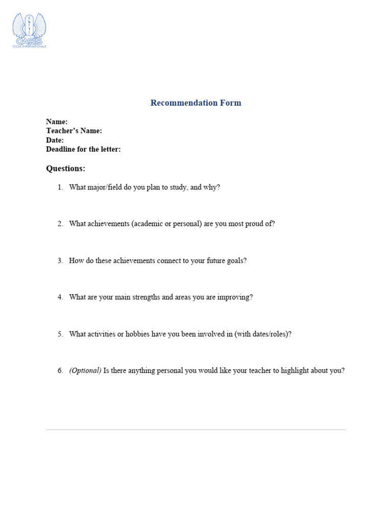 Student Recommendation Form Template | PDF