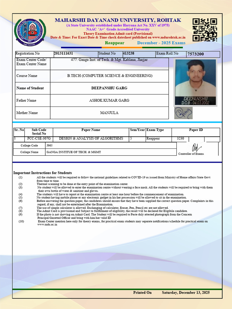 B.Tech CSE Exam Admit Card Details | PDF