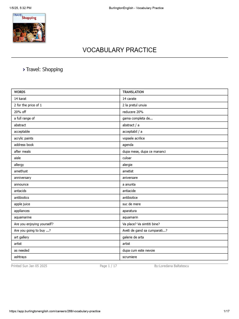 Travel Shopping Vocabulary Guide | PDF