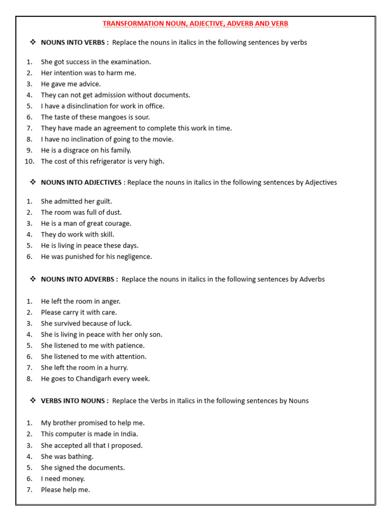 TRANSFORMATION NOUN, ADJECTIVE, ADVERB AND VERB PDF | PDF | Adverb ...
