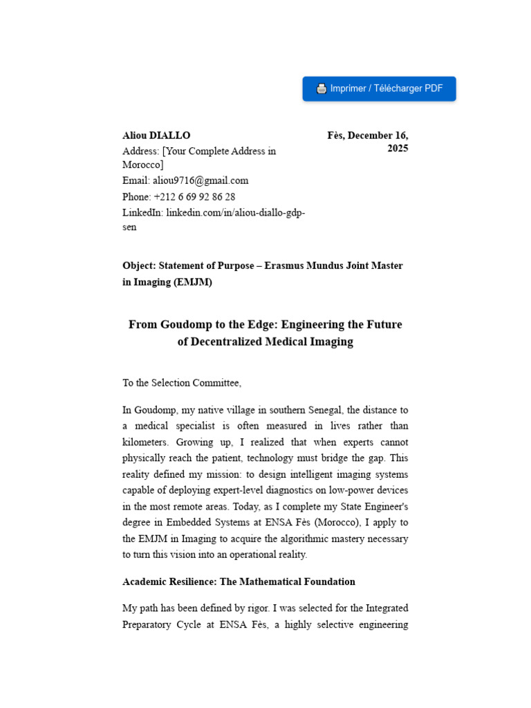 Statement of Purpose for EMJM Imaging | PDF