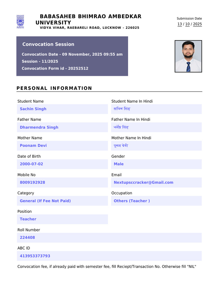 Convocation Form Sachin Singh | PDF | Business
