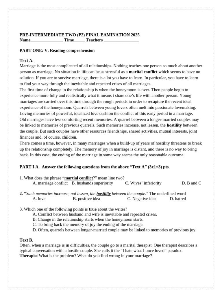 Pre Intermediate 2` | PDF | Marriage
