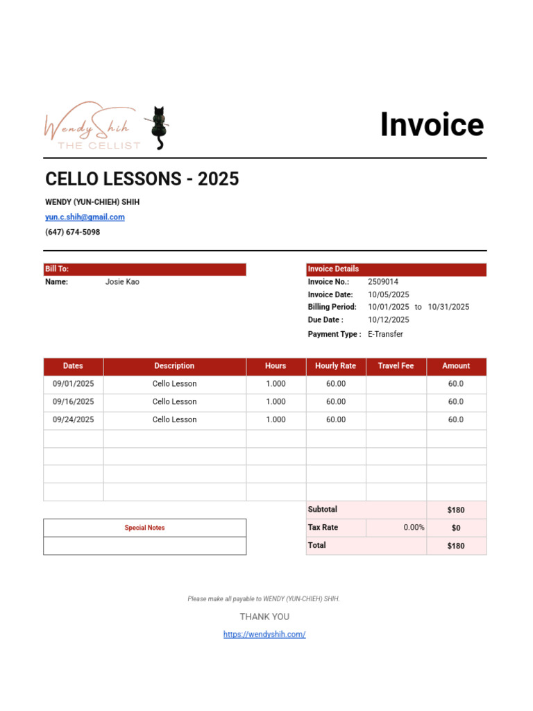 Cello Lessons Invoice - October 2025 | PDF