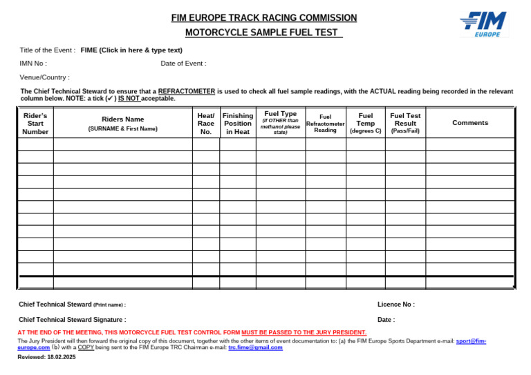#15 2025 FIME Motorcycle Sample Fuel Test - TEMPLATE | PDF