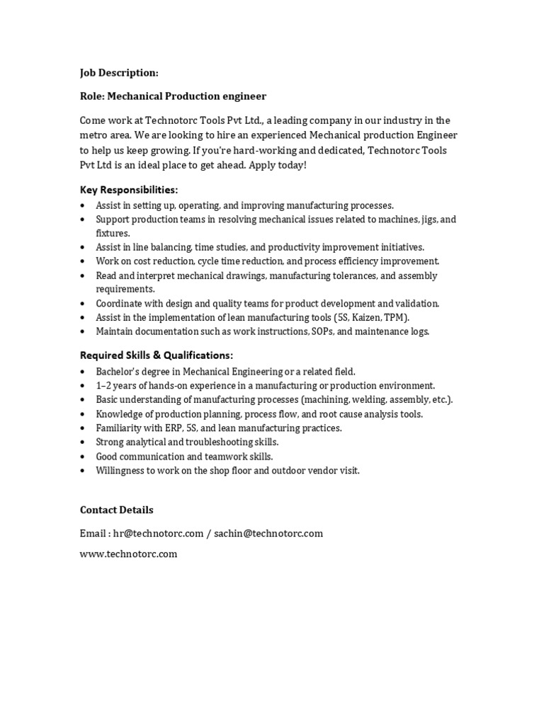 Production Engineer JD | PDF