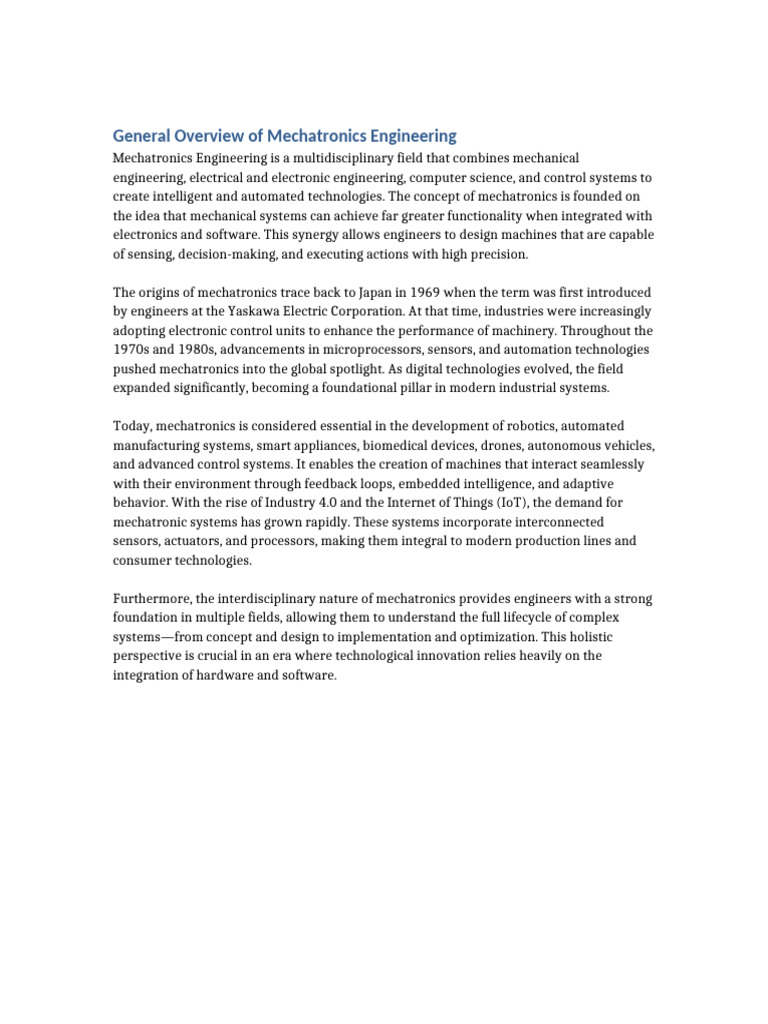 Mechatronics Engineering Overview and Insights | PDF | Mechatronics ...