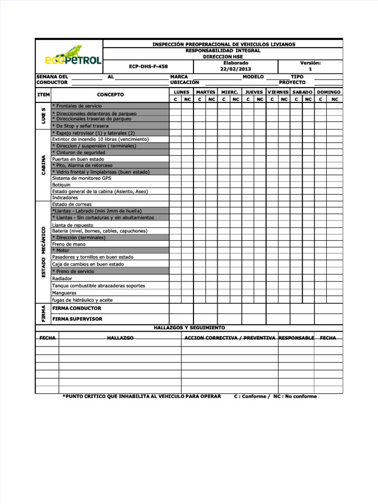 PDF Anexo 27 Ecp Dhs f 458 Inspeccion Pre Operacional de Vehiculos ...