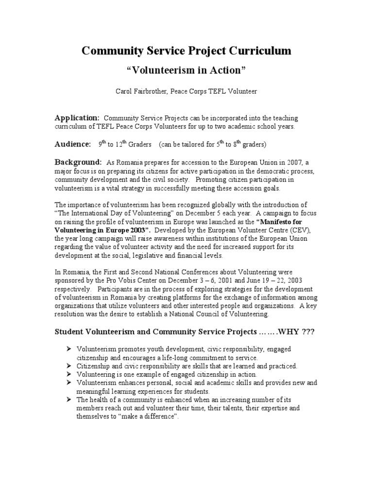 Community Service Project Curriculum-Volunteerism in Action | PDF ...