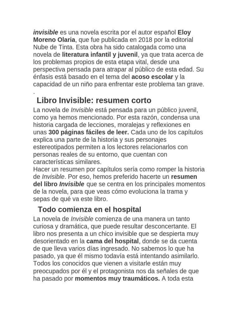 Resumen del libro invisible corto (Eloy Moreno Laria) | PDF | Novelas