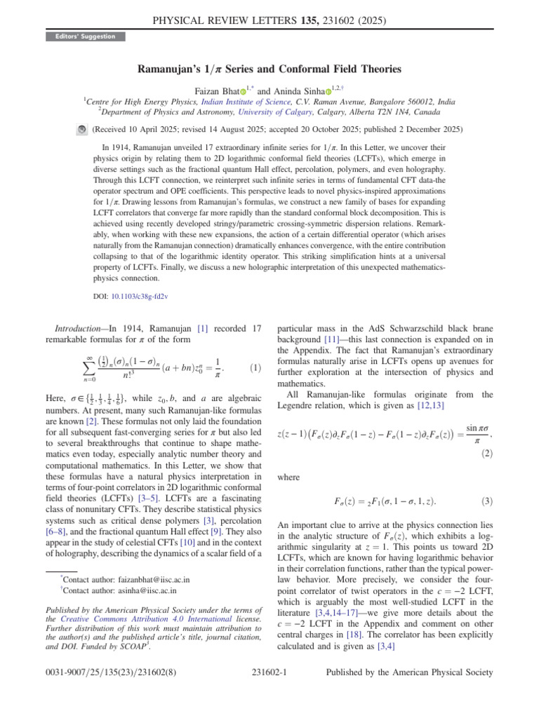 Ramanujans 1 over pi Series and Conformal Field Theories | PDF | Pi ...