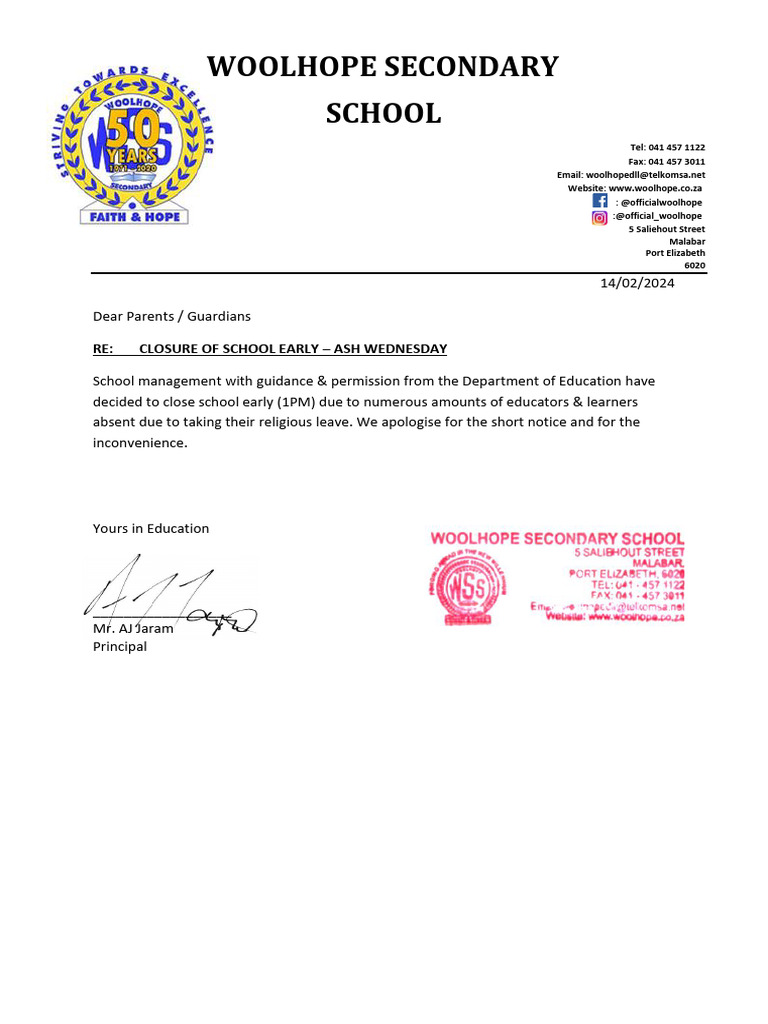 Woolhope School Early Closure Notice | PDF